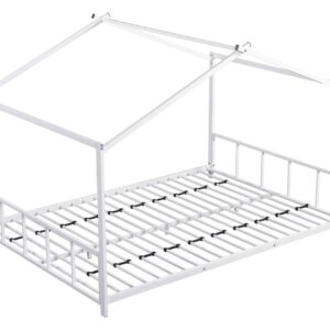 ATY Metal Full Size Floor Bed, House Shaped Bedframe w/Roof Design for Kids, Toddlers, Easy Assembly & No Box Spring Needed, White