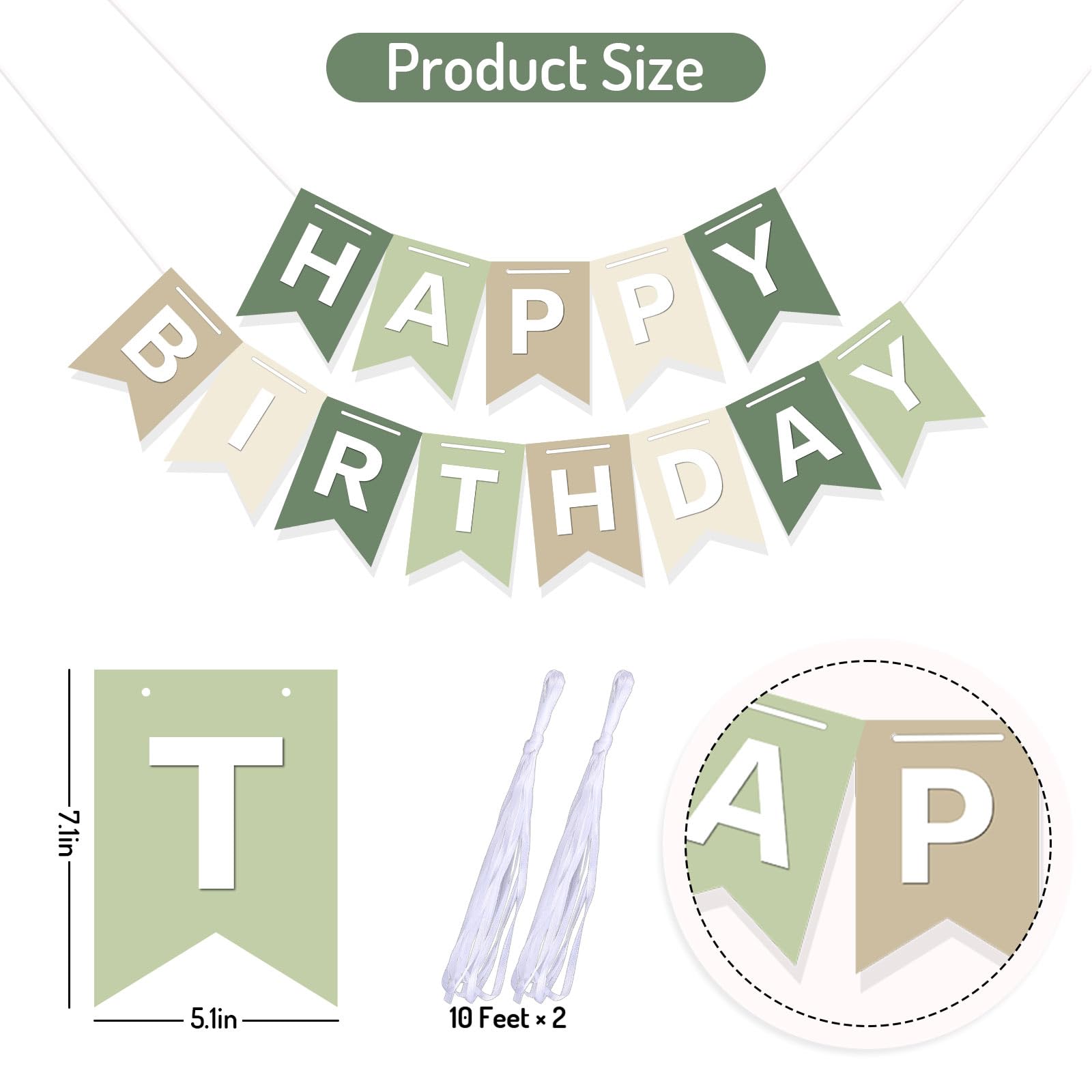 JarThenaAMCS Sage Green Happy Birthday Banner Birthday Theme Ivory Brown Hanging Banner Handmade Party Bunting Garland for Birthday Party Tea Party Baby Shower Home Nursery Backdrop Decor