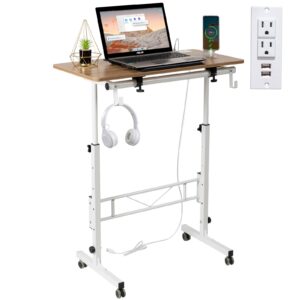 siducal standing desk height adjustable with tiltable tabletop, rolling laptop desk with charging station, sit stand portable stand up desk with wheels, vintage oak