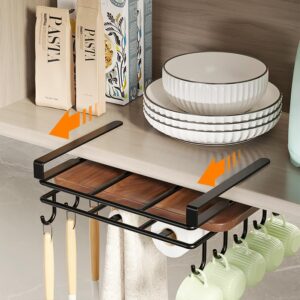 Mug Hooks Under Cabinet,Paper Towel Holder Under Cabinet,Chopping Board Organizer,No-Hole Multifunctional Stainless Steel Under Cabinet Shelf,For Kitchen Utensils,Cups,Towel,Cutting Board (Black)