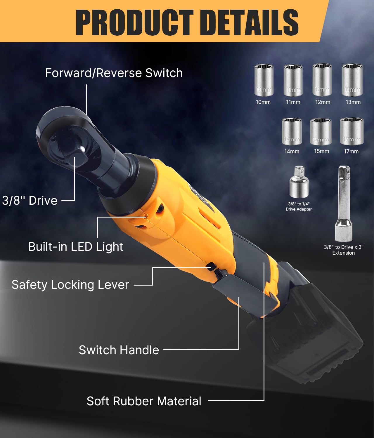 3/8'' Cordless Ratchet Wrench Set for Dewalt 20V Battery, 60 Ft-lbs 400 RPM Variable Speed Trigger Electric Power Ratchet Wrench Replace for DCF513B Tool Kit (Tool Only)