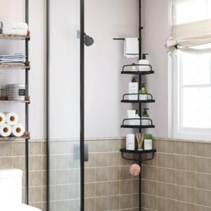 HAA Strong Shower Storage Caddy,SturdyTension Corner Pole Caddy,Commercial Grade Rustproof Bathroom Bathtub Adjustable Corner Rack (Black)