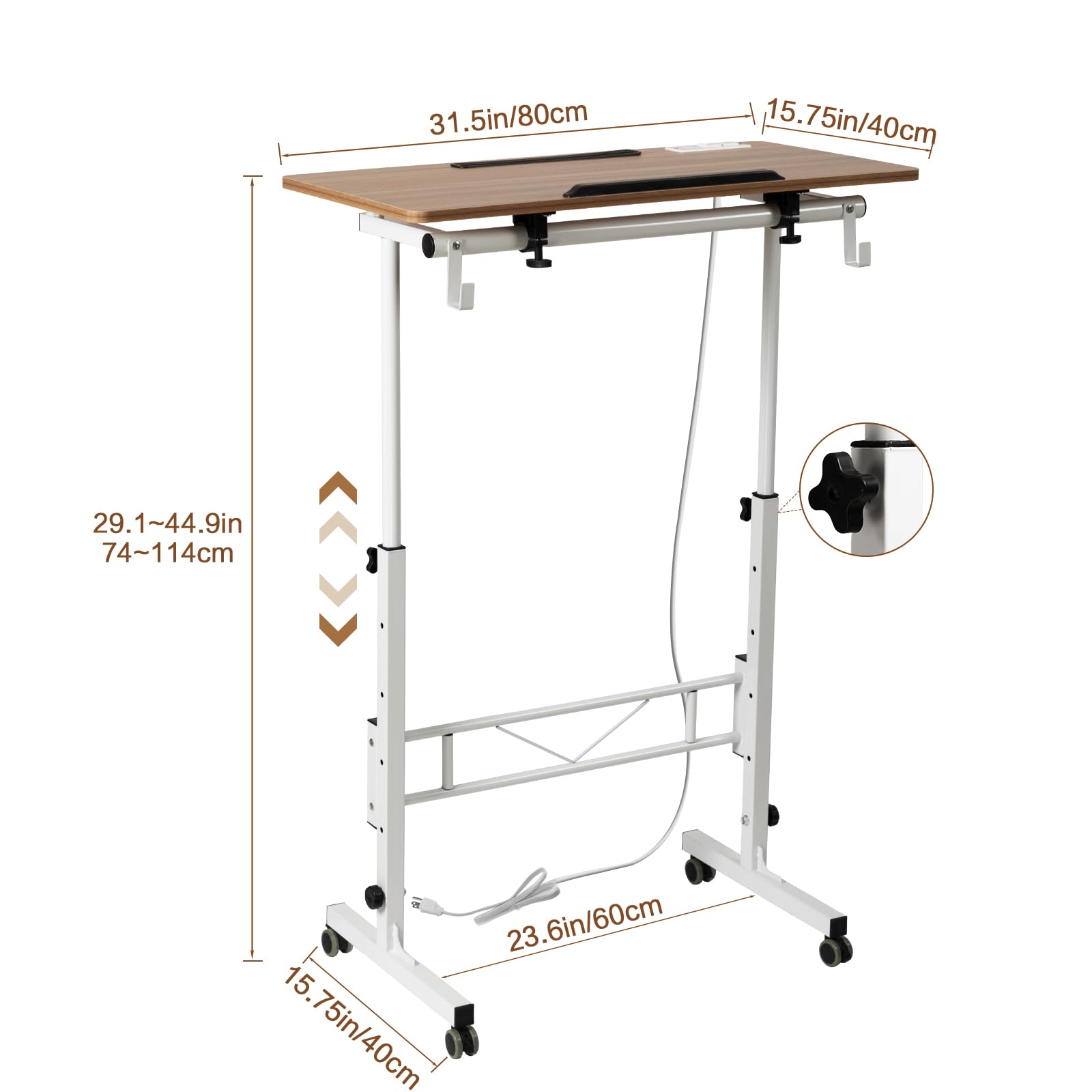 SIDUCAL Standing Desk Height Adjustable with Tiltable Tabletop, Rolling Laptop Desk with Charging Station, Sit Stand Portable Stand Up Desk with Wheels, Vintage Oak