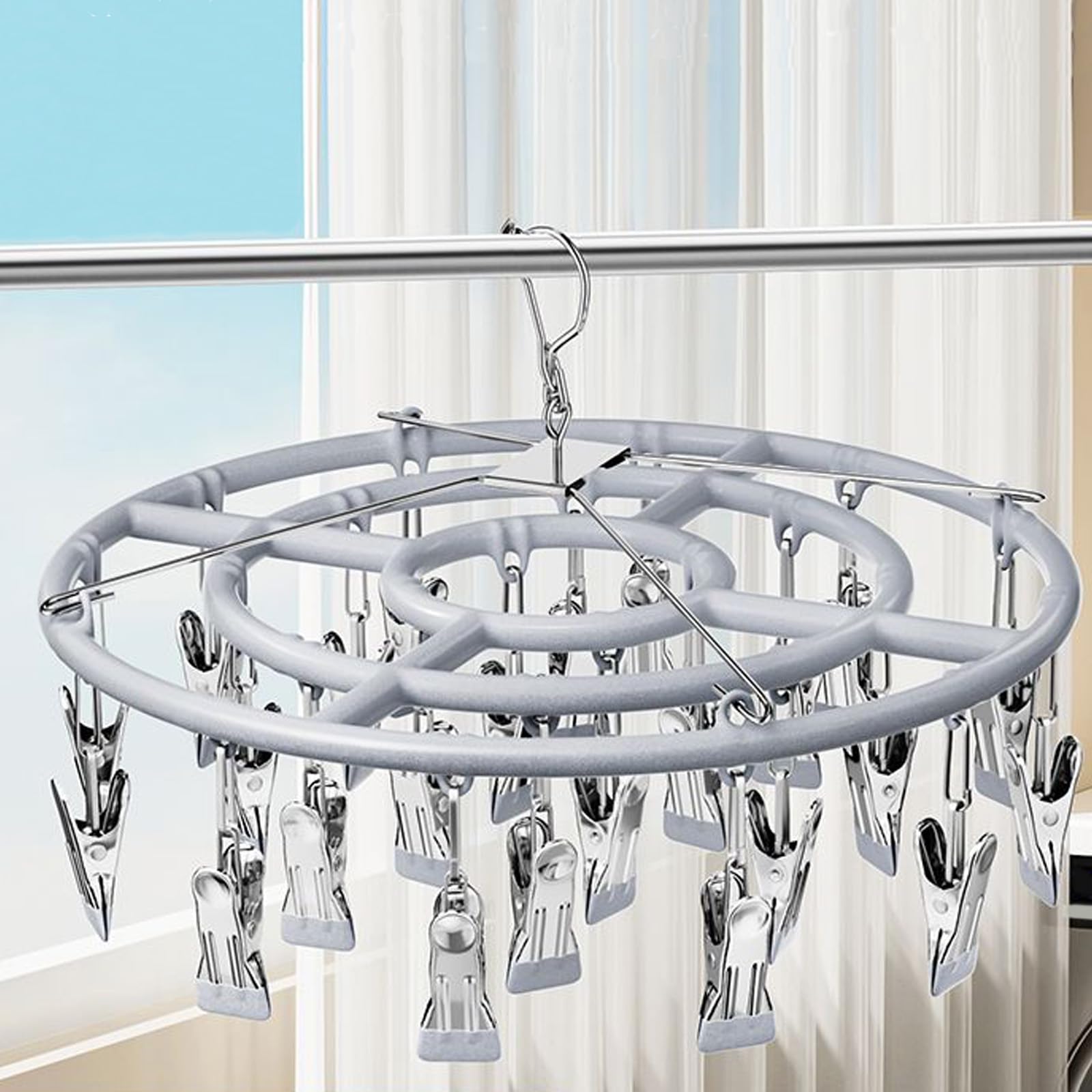 Autminia Stainless Steel Clothes Sock Drying Rack with 24 Clips, Swivel Hook Windproof Clothes Hanger Rack for Sock, Bras, Towel, Underwear, Laundry Clothes, Hat, Scarf, Pants, Gloves (Gray Clips)