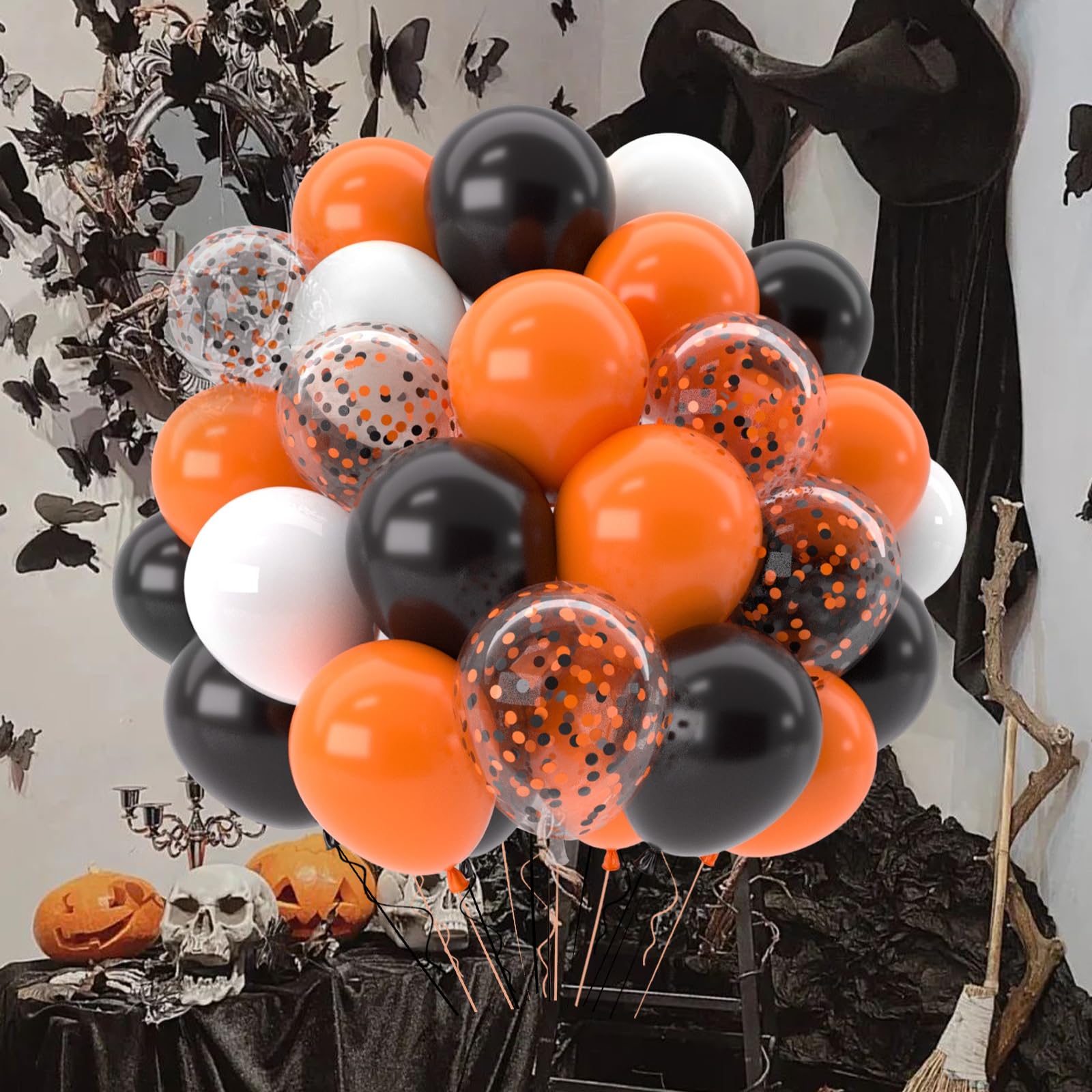 Patimate Black Orange Halloween Balloons Set, 50 pcs 12 inch Orange Black White Confetti Latex Balloons Kit for Halloween Baby Shower Spooky Birthday Graduation Motorcycle Party Decorations