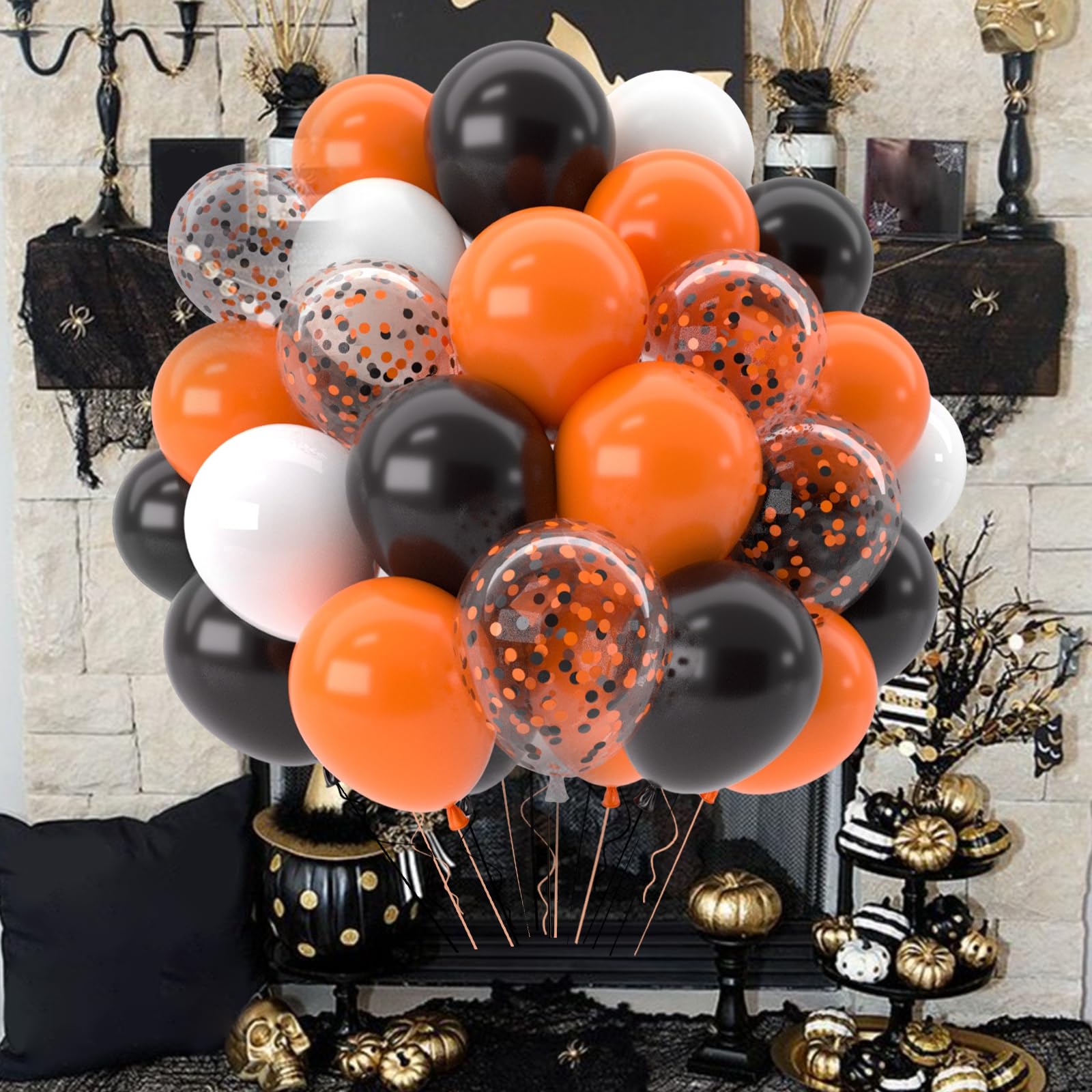 Patimate Black Orange Halloween Balloons Set, 50 pcs 12 inch Orange Black White Confetti Latex Balloons Kit for Halloween Baby Shower Spooky Birthday Graduation Motorcycle Party Decorations