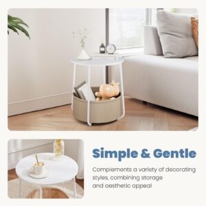 DUMOS Small Round Side End Table, Modern Nightstand with Fabric Storage Basket, Bedside Table for Living Room Bedroom (White & Beige