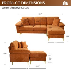 Wrofly L Shaped Sectional Sofa Couch, 88.5" Comfy Upholstered Velvet 3 Seat Sofa Set with Convertible Ottoman & 2 Pillows, Modern Deep Seat Cloud Couch for Living Room Office Apartment, Orange