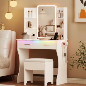 vanity desk with led lights mirror & power outlet, small makeup vanity table set with storage drawers & chair, 3 lighting modes & adjustable brightness, dressing table for women girls bedroom, white