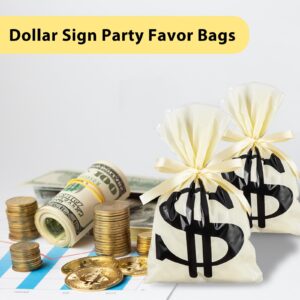 Domthent 100PCS Dollar Sign Party Favor Bags,6 x 9 Inch Money Bags,Small Money Bag for Party Favor Decor,Gift Bag with 25 Yards Light Gold Ribbon,Money Bag for Casino Theme Party Decorations (100)