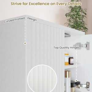 HAIOOU Fluted Bathroom Wall Cabinet with Motion Sensor Light, Curved Profile Wooden Medicine Cabinet Wall Mounted Cupboard, Wave Like Over Toilet Storage Cabinet with Buffering Hinges - Modern White