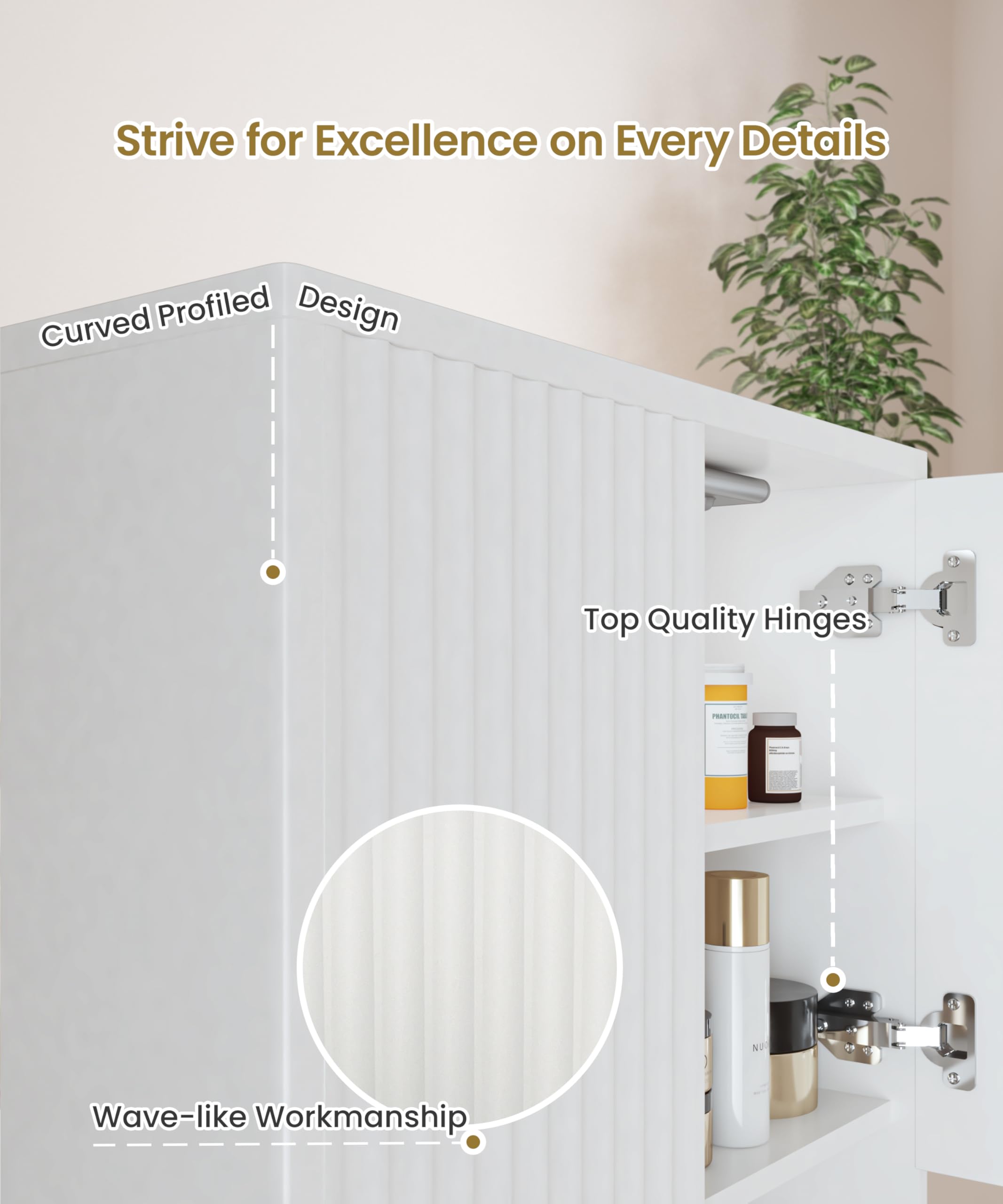 HAIOOU Fluted Bathroom Wall Cabinet with Motion Sensor Light, Curved Profile Wooden Medicine Cabinet Wall Mounted Cupboard, Wave Like Over Toilet Storage Cabinet with Buffering Hinges - Modern White