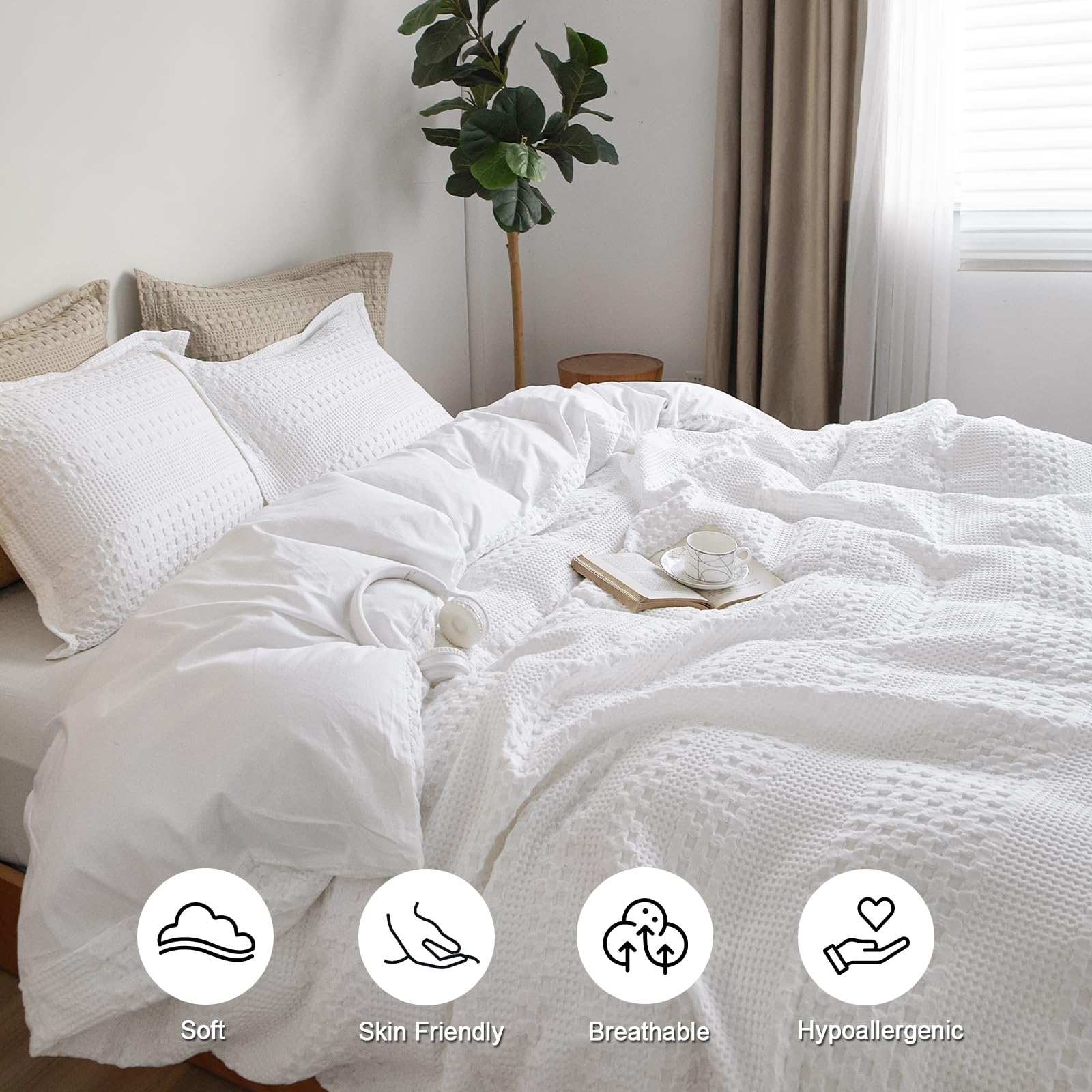 PHF 100% Cotton Waffle Duvet Cover Queen Size, Soft Breathable Cotton Bedding Duvet Cover Set for All Season, Waffle Weave Textured for Aesthetic Luxury Home Decor, 2 Pillow Shams, 90"x90", White