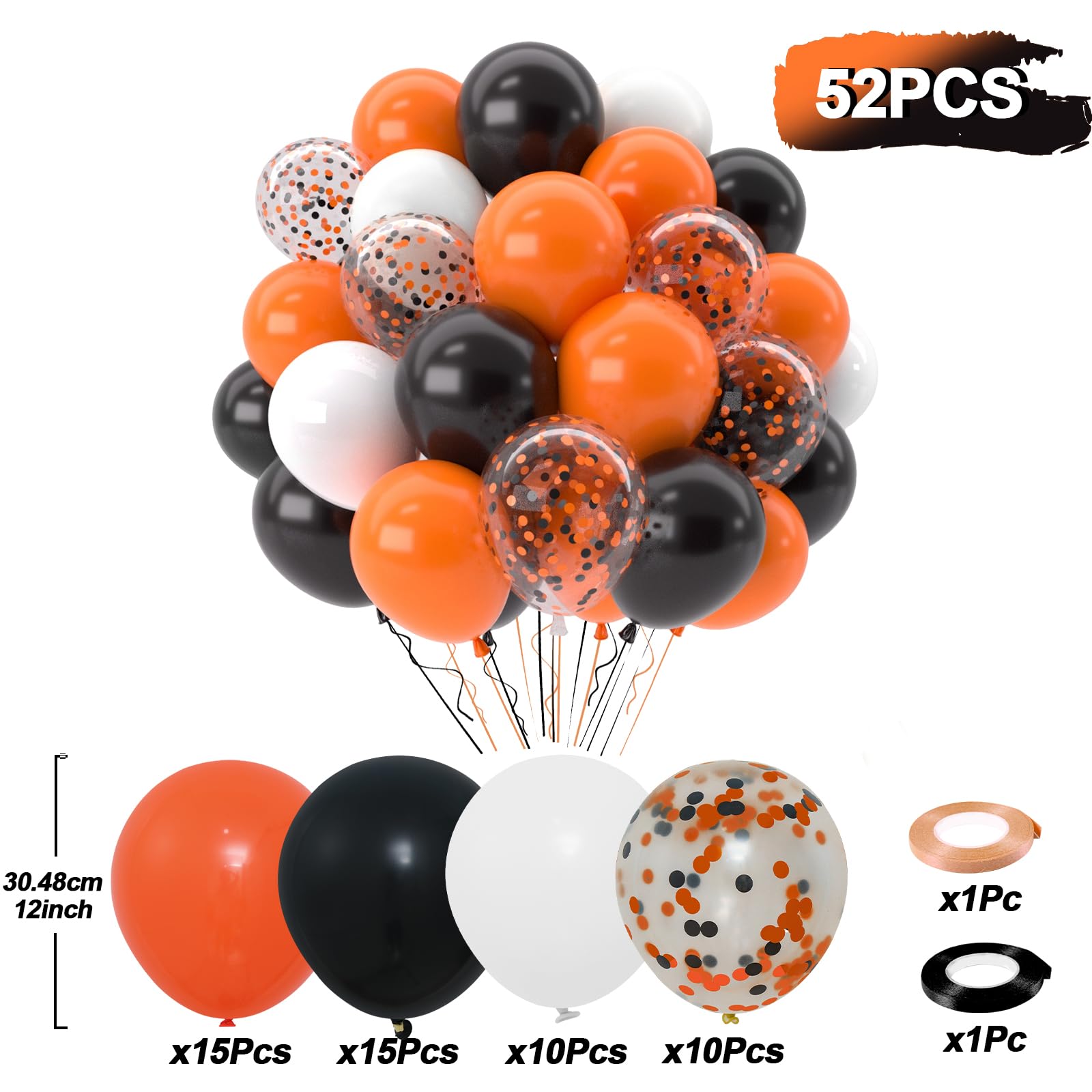 Patimate Black Orange Halloween Balloons Set, 50 pcs 12 inch Orange Black White Confetti Latex Balloons Kit for Halloween Baby Shower Spooky Birthday Graduation Motorcycle Party Decorations