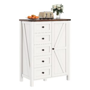 DWVO 5 Drawer Dresser - Farmhouse Chest of Drawers for Bedroom, 46" Tall Modern Dresser Cabinet with Barn Doors, Wood Storage Organizer for Living Room, Hallway, Closet, White