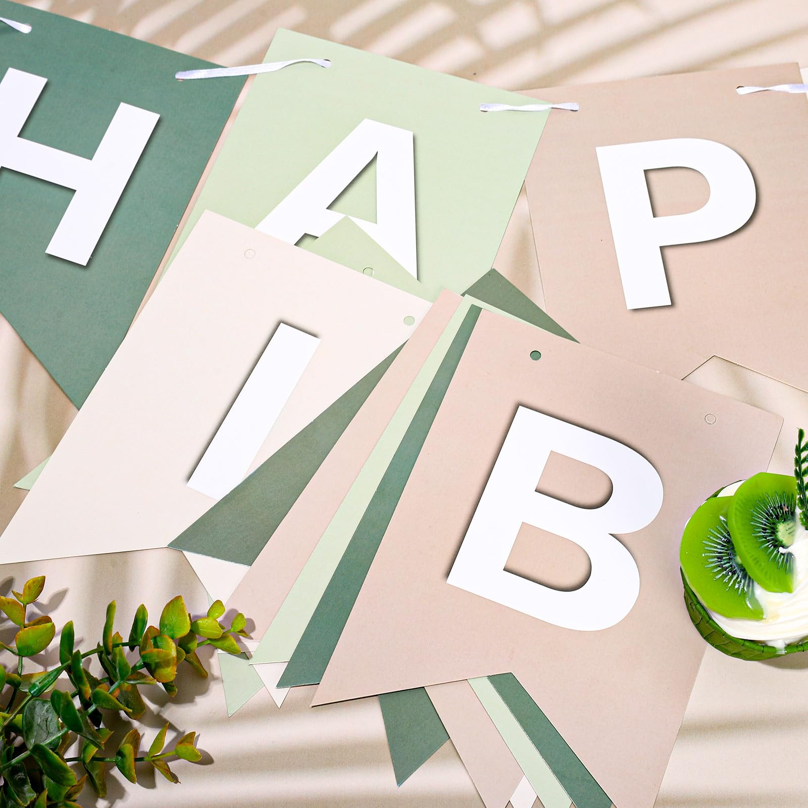 JarThenaAMCS Sage Green Happy Birthday Banner Birthday Theme Ivory Brown Hanging Banner Handmade Party Bunting Garland for Birthday Party Tea Party Baby Shower Home Nursery Backdrop Decor