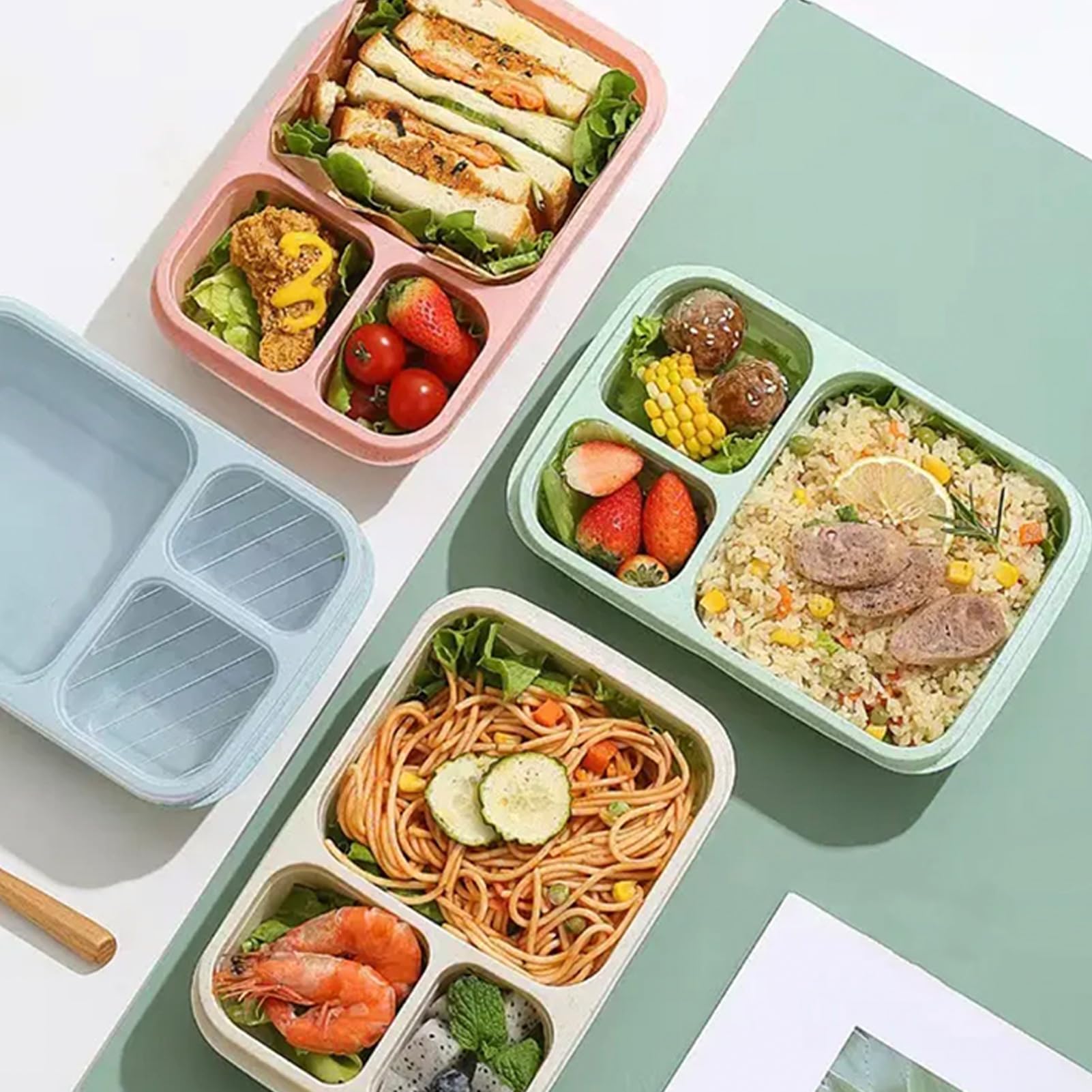 TOTDTDA 12 Pack Bento Box, 3 Compartment Lunch Box Containers, Wheat Straw Reusable Food Storage Containers, Freezer Microwave and Dishwasher Safe Snack Containers for Work School and Travel