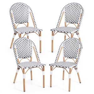 tangkula french bistro chair set of 4, outdoor armless dining chairs with hand-woven rattan, accent chairs with galvanized metal frame for garden kitchen backyard porch (black & white)