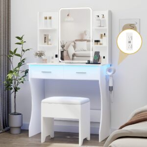 Vanity Desk with LED Lights Mirror & Power Outlet, Small Makeup Vanity Table Set with Storage Drawers & Chair, 3 Lighting Modes & Adjustable Brightness, Dressing Table for Women Girls Bedroom, White