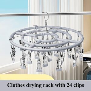 Autminia Stainless Steel Clothes Sock Drying Rack with 24 Clips, Swivel Hook Windproof Clothes Hanger Rack for Sock, Bras, Towel, Underwear, Laundry Clothes, Hat, Scarf, Pants, Gloves (Gray Clips)