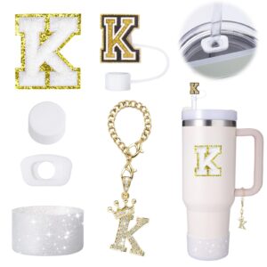 mity rain 6pcs cup accessories set for stanley cup 30 oz 40 oz tumbler with handle, including straw cover cap, cup initials charm, sticker, silicone boot, round and square spill proof stopper,letter k