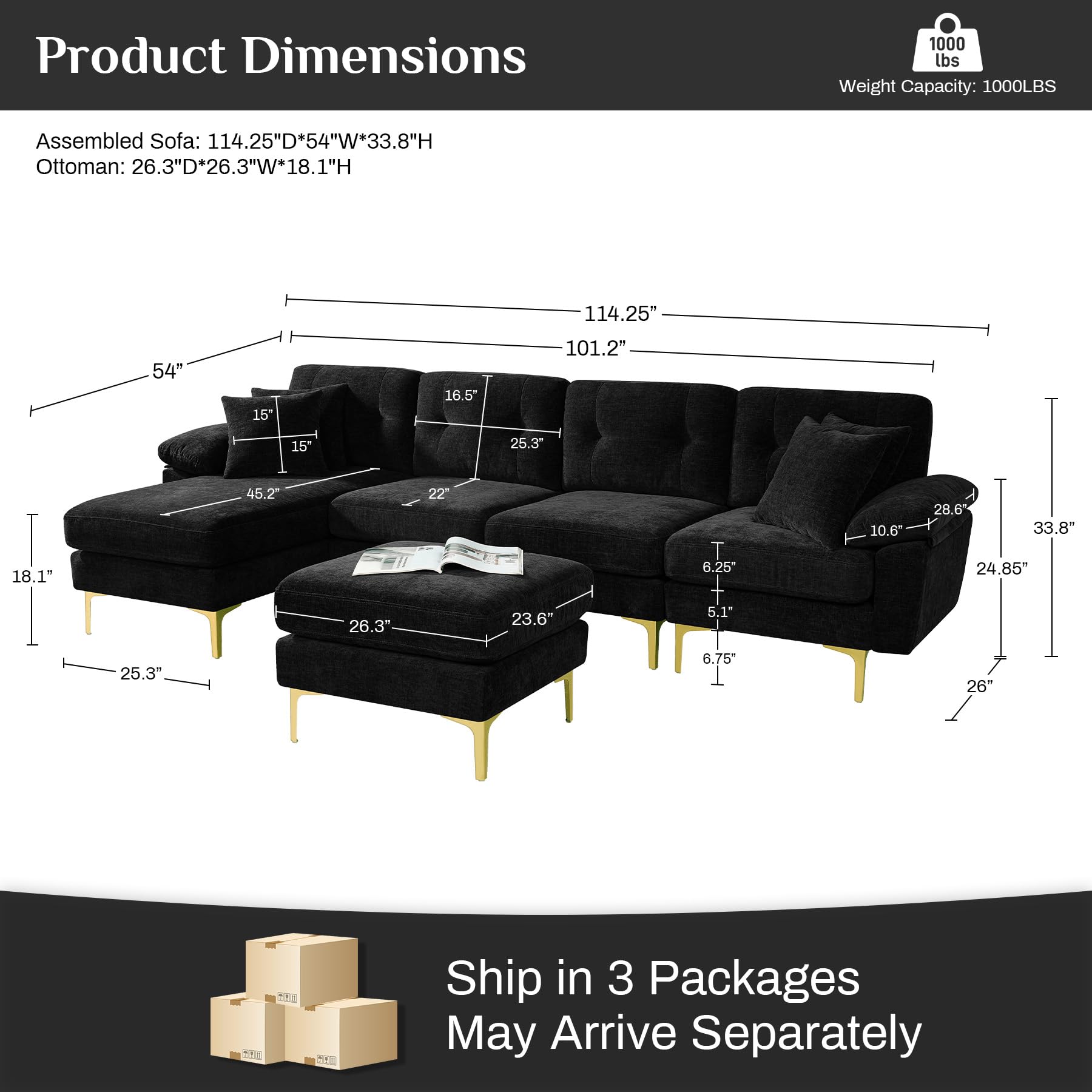 DAMAIFROM U-Shaped Sectional Sofa Couch, 114" Convertible L-Shaped Sectional Sofa with Chaise Lounge, Ottoman and Pillows, Modern Chenille 4 Seat Sofa Couch Set for Living Room (Black)