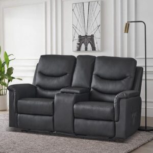 consofa rv recliner loveseat, reclining loveseat with console, faux leather manual recliner loveseat, wall hugger loveseat recliner with cup holder and side pocket for living room