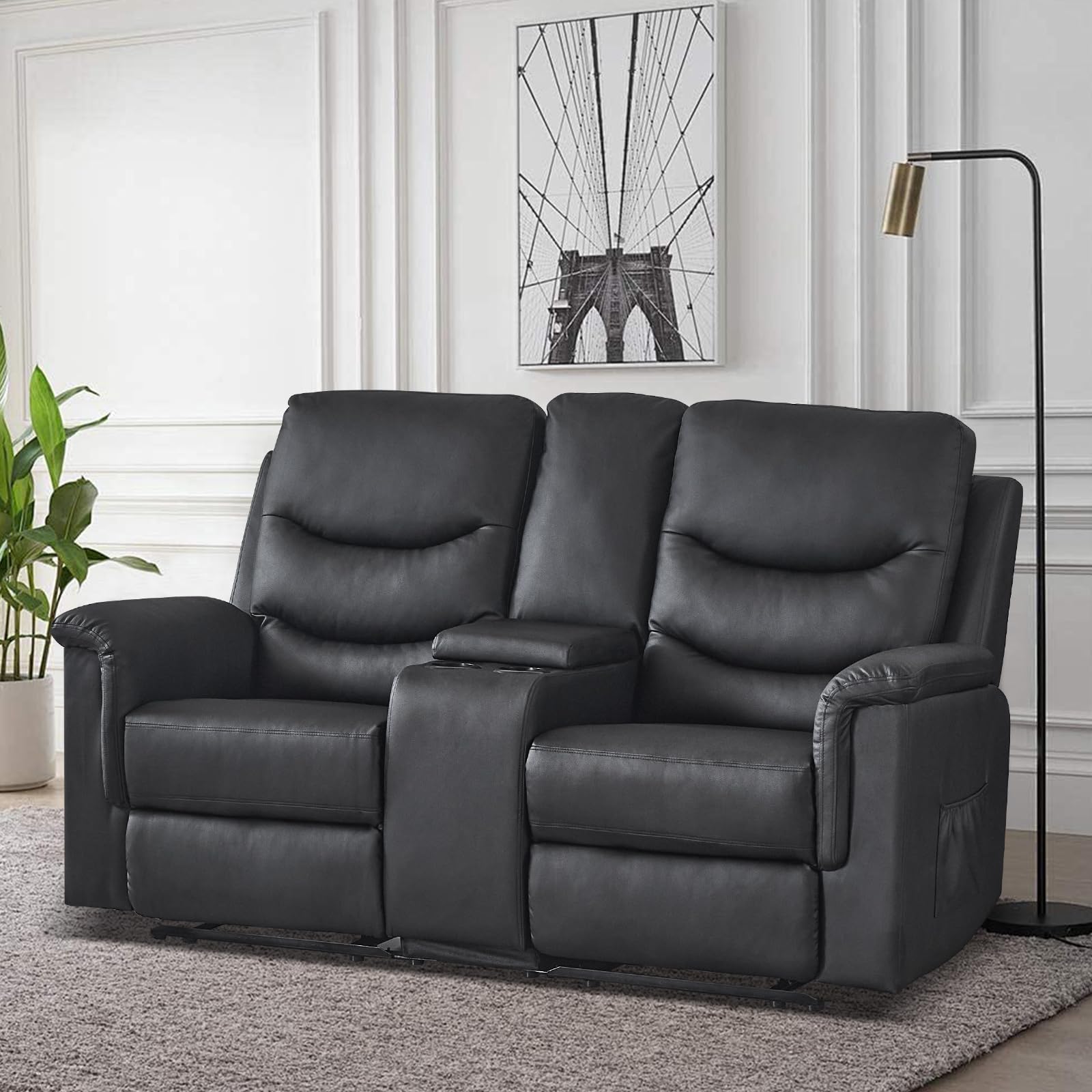 Consofa RV Recliner Loveseat, Reclining Loveseat with Console, Faux Leather Manual Recliner Loveseat, Wall Hugger Loveseat Recliner with Cup Holder and Side Pocket for Living Room