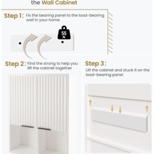 HAIOOU Fluted Bathroom Wall Cabinet with Motion Sensor Light, Curved Profile Wooden Medicine Cabinet Wall Mounted Cupboard, Wave Like Over Toilet Storage Cabinet with Buffering Hinges - Modern White