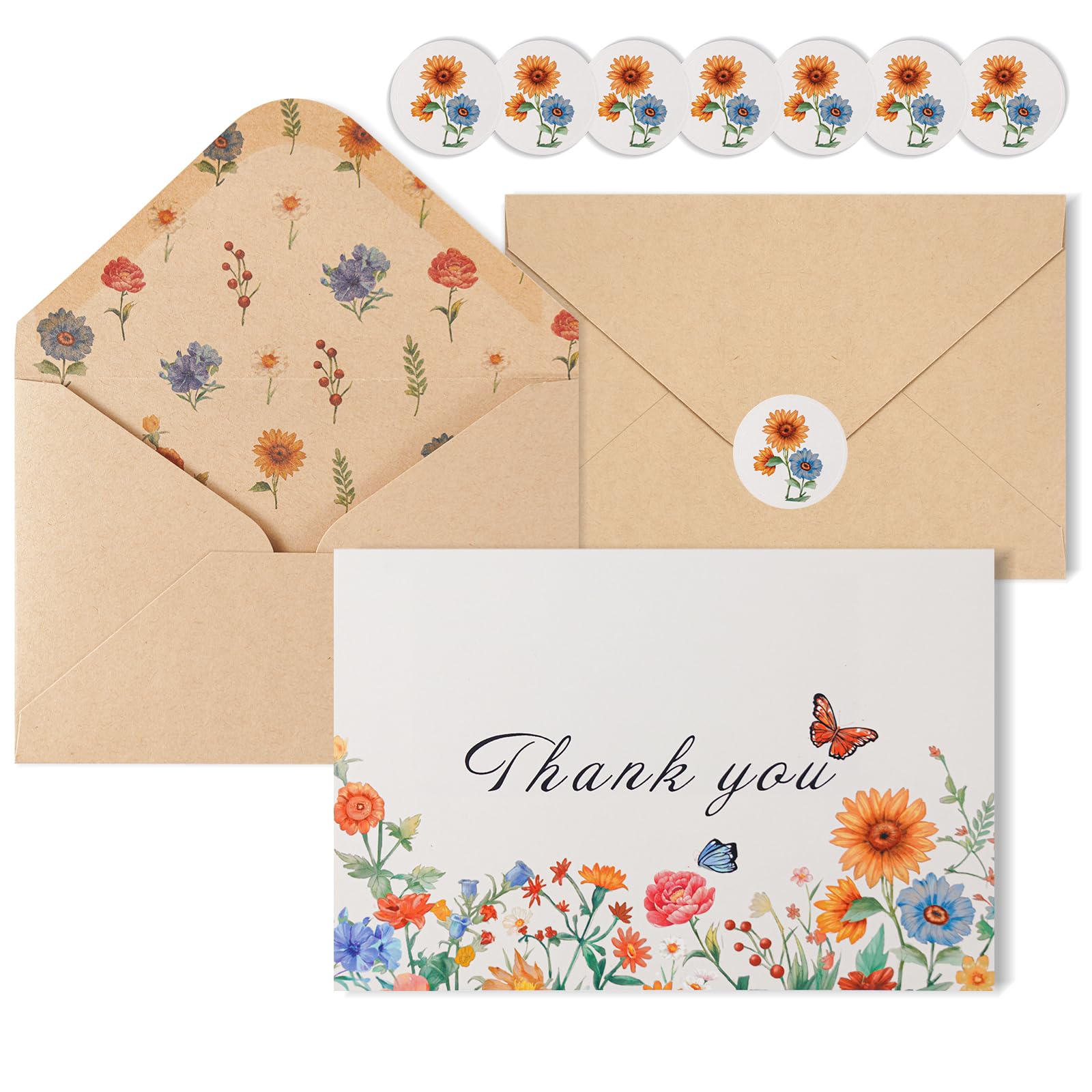 Runyanofamily Wildflower Design Thank You Cards with Kraft Envelopes - Perfect for Wedding, Baby Shower, Bridal Shower and Graduation (Yellow, 24 PCS)