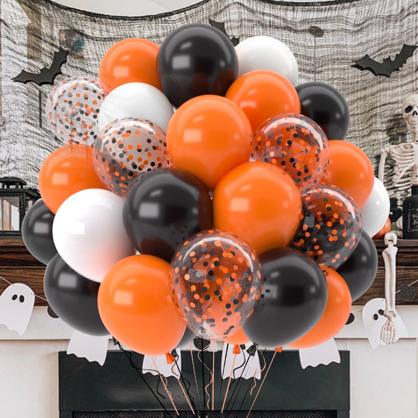 Patimate Black Orange Halloween Balloons Set, 50 pcs 12 inch Orange Black White Confetti Latex Balloons Kit for Halloween Baby Shower Spooky Birthday Graduation Motorcycle Party Decorations