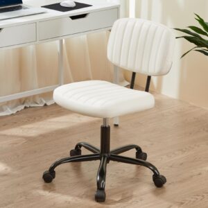 Warmiehomy Armless Office Chair with Wheels Small Swivel Rolling Desk Chair PU Leather Hieght Adjustable Computer Task Chair Modern Vanity Chair with Low Back Lumbar Support,White