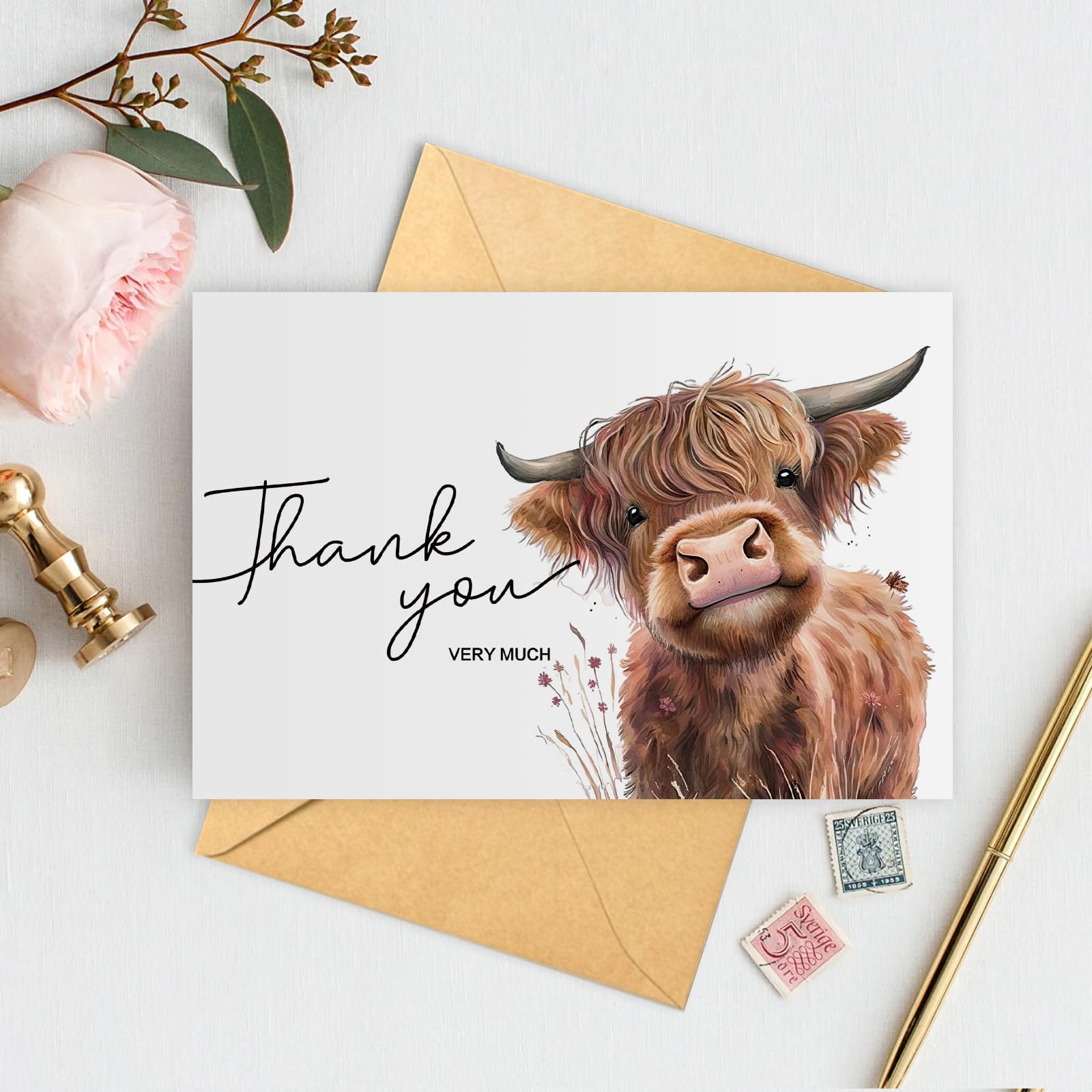 HiABNRT 50 Pack Highland Cow Thank You Cards with Envelopes, 4x6 In Farm Design Greeting Cards Sympathy Cards Bulk for Wedding, Baby & Bridal Shower- with Stickers