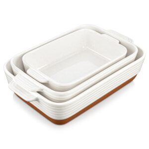 malacasa casserole dishes for oven, ceramic baking dishes set of 3, baking pan casserole dish set, rectangular lasagna pan deep with handles for baking, khaki white (14.5''/13''/10.5''), series tara