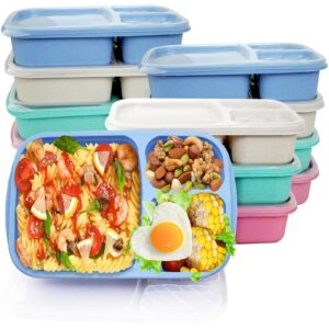 totdtda 12 pack bento box, 3 compartment lunch box containers, wheat straw reusable food storage containers, freezer microwave and dishwasher safe snack containers for work school and travel