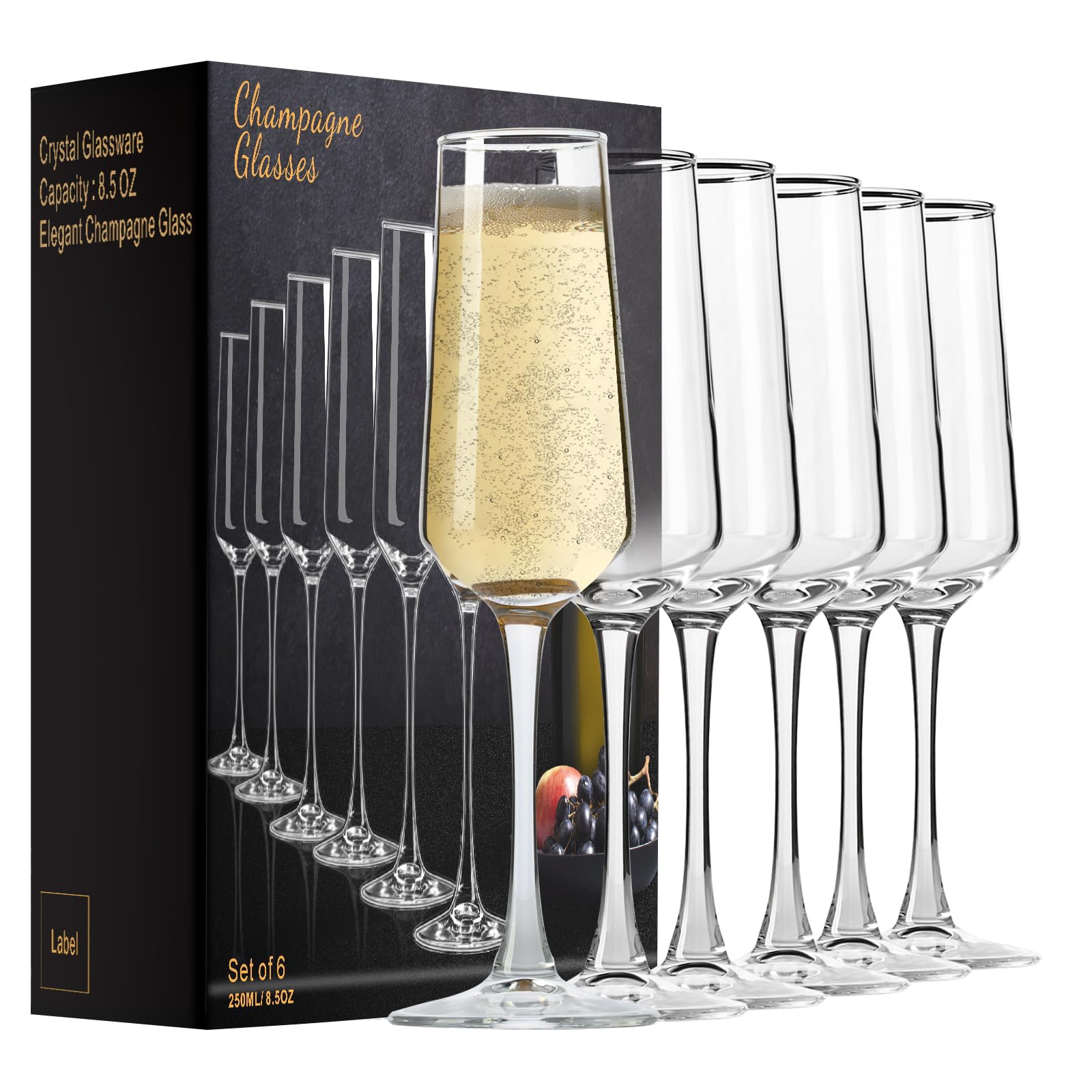 PARACITY Champagne Flutes, Champagne Glasses Set of 6, Elegant 8.5oz Glass Champagne Flutes, Gift for Birthday, Wedding, Christmas, Clear Sparkling Champagne Glasses for Women, Men