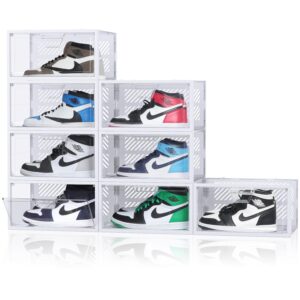 foluck xx-large display shoe storage box, 8 pack clear plastic stackable shoe organizer containers for closet, space saving shoe storage organizer, foldable shoe rack with lids, white