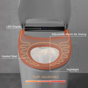 Smart Bidet Tankless Toilet, Heated Toilet Seat with Nightlight, Foot Sensor, LED Display, Warm Water and Dry, Remote Control, One Piece Toilet for Bathroom