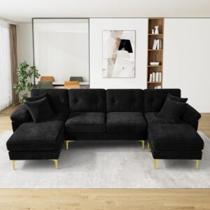 DAMAIFROM U-Shaped Sectional Sofa Couch, 114" Convertible L-Shaped Sectional Sofa with Chaise Lounge, Ottoman and Pillows, Modern Chenille 4 Seat Sofa Couch Set for Living Room (Black)