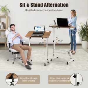 SIDUCAL Standing Desk Height Adjustable with Tiltable Tabletop, Rolling Laptop Desk with Charging Station, Sit Stand Portable Stand Up Desk with Wheels, Vintage Oak