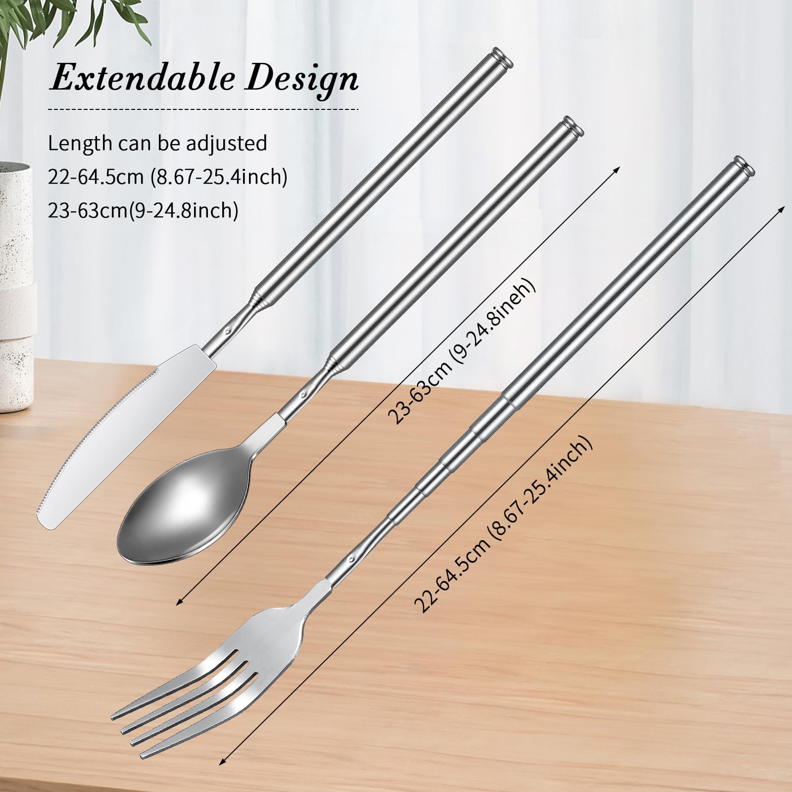 Geetery 3 Pcs Telescopic Spoon Fork knife Set Extendable Fork knife Spoon Stainless Steel Dinner Extend to 25 Inch Anti Rust Fruit Dessert Long Handle Fork Cutlery Set for Barbecue Toasting Dinner