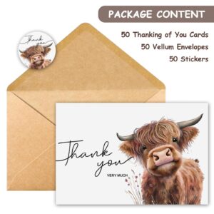 HiABNRT 50 Pack Highland Cow Thank You Cards with Envelopes, 4x6 In Farm Design Greeting Cards Sympathy Cards Bulk for Wedding, Baby & Bridal Shower- with Stickers