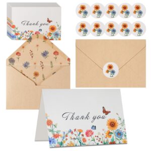 runyanofamily 10pcs wildflower design thank you cards with kraft envelopes - perfect for wedding, baby shower, bridal shower and graduation