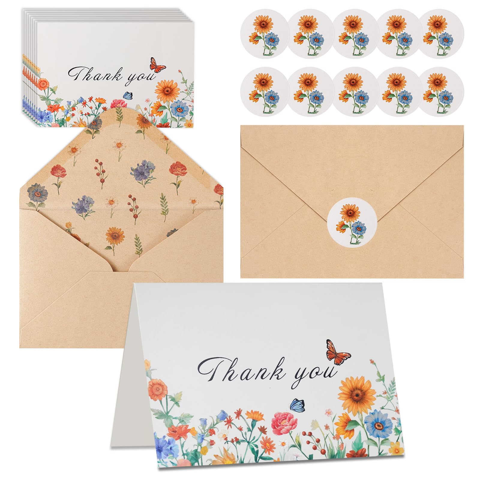 Runyanofamily 10PCS Wildflower Design Thank You Cards with Kraft Envelopes - Perfect for Wedding, Baby Shower, Bridal Shower and Graduation