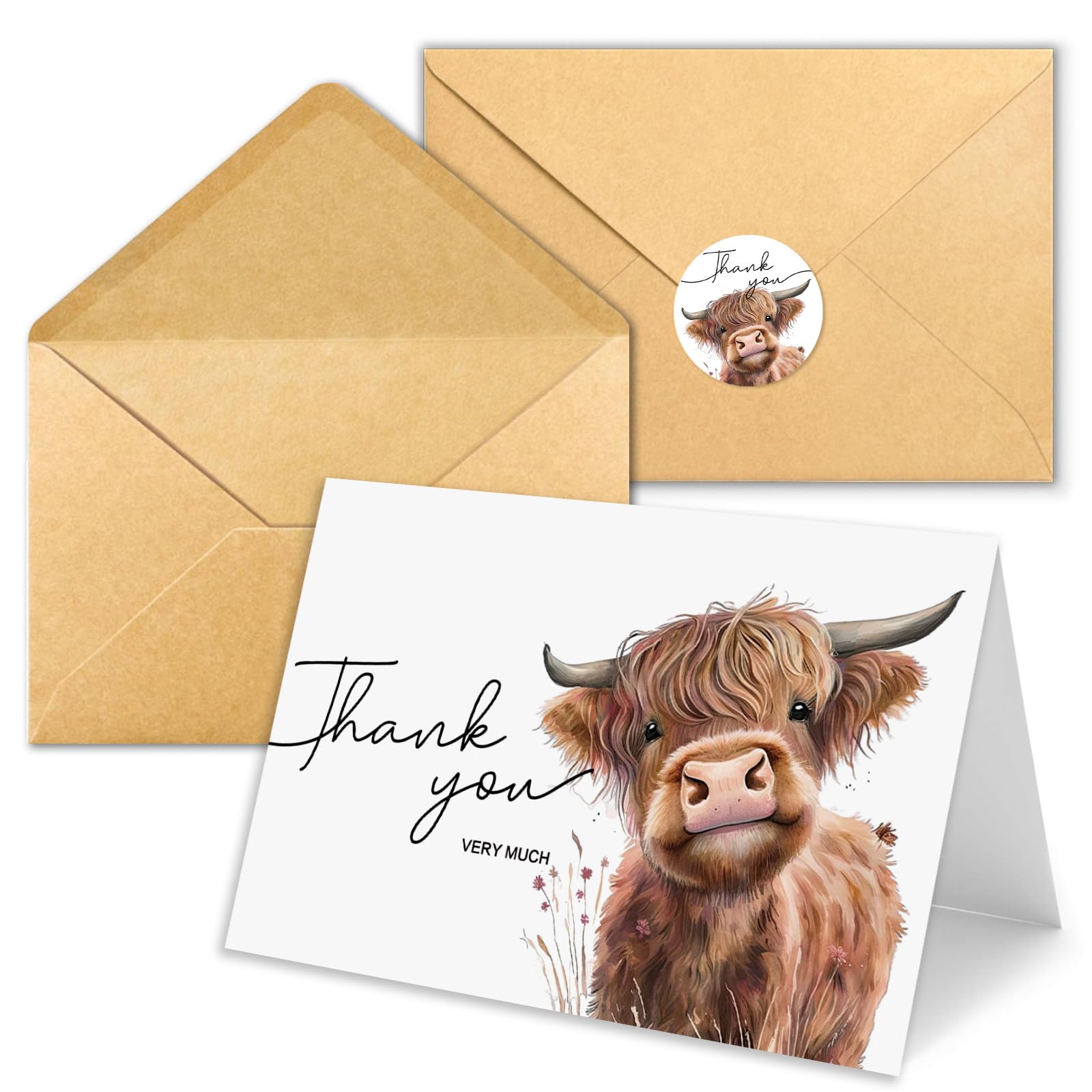 HiABNRT 50 Pack Highland Cow Thank You Cards with Envelopes, 4x6 In Farm Design Greeting Cards Sympathy Cards Bulk for Wedding, Baby & Bridal Shower- with Stickers