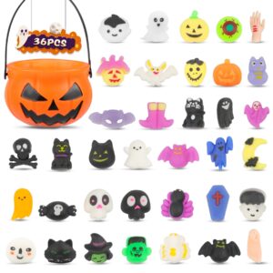 36pcs halloween mochi squishy toys with pumpkin bucket, woxafo halloween party favors, assorted halloween squeeze gift bulk pumpkin ghost spider squishies toy for kids