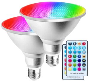 2 pack par38 led flood light bulbs outdoor, rgb color changing floodlight with remote, 20w rgb 10w white, timing, waterproof, 2700-6500k, 1800lm, bulb for indoor halloween christmas party decoration