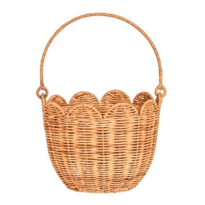 Scalloped Edge Round Basket with Handle, Super Sturdy Wicker Storage Baskets, Garden Vegetable Basket Hand Woven Baskets for Shelves,Natural Baskets for Organizing (Rattan 7.8"*7.8"*7")