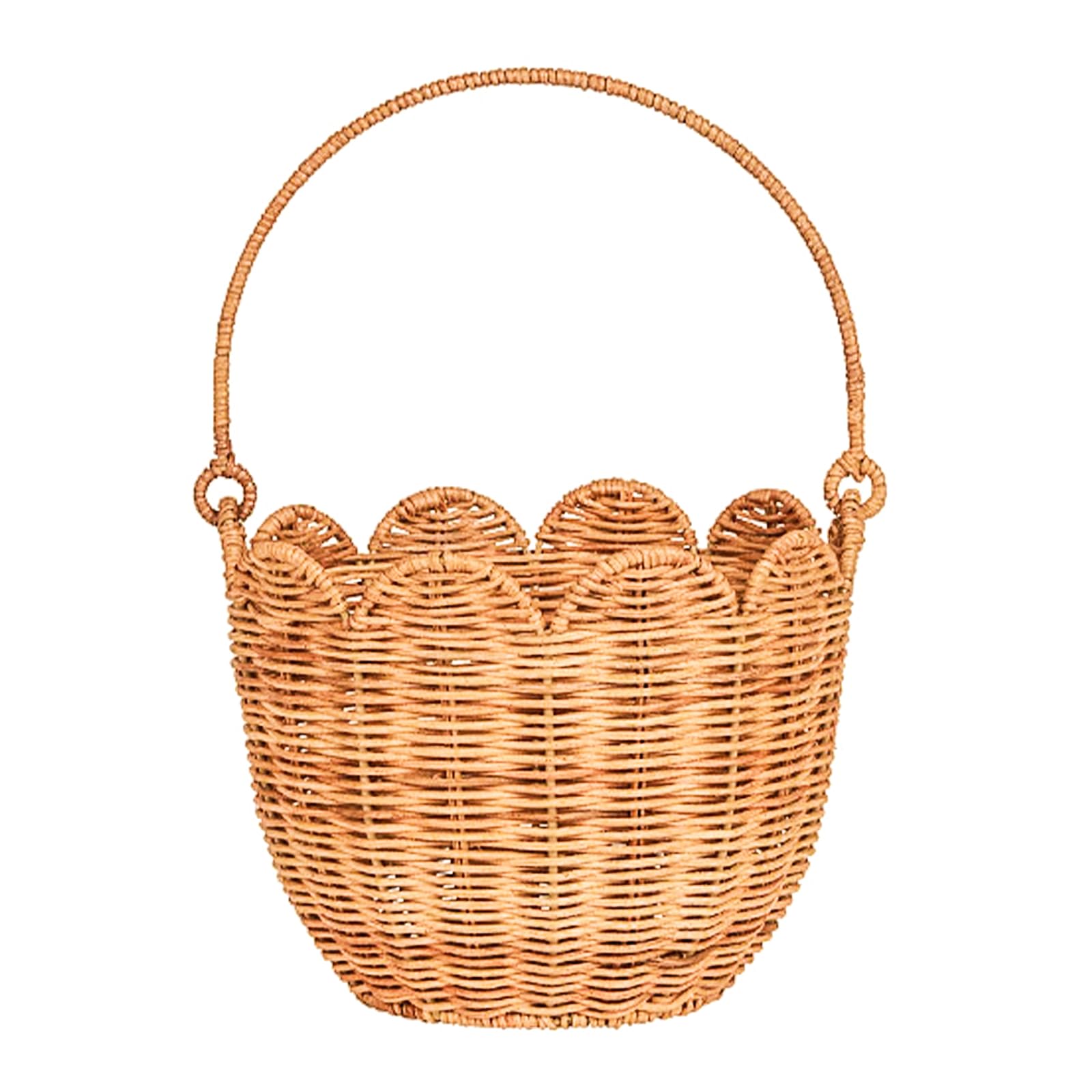 Scalloped Edge Round Basket with Handle, Super Sturdy Wicker Storage Baskets, Garden Vegetable Basket Hand Woven Baskets for Shelves,Natural Baskets for Organizing (Rattan 7.8"*7.8"*7")