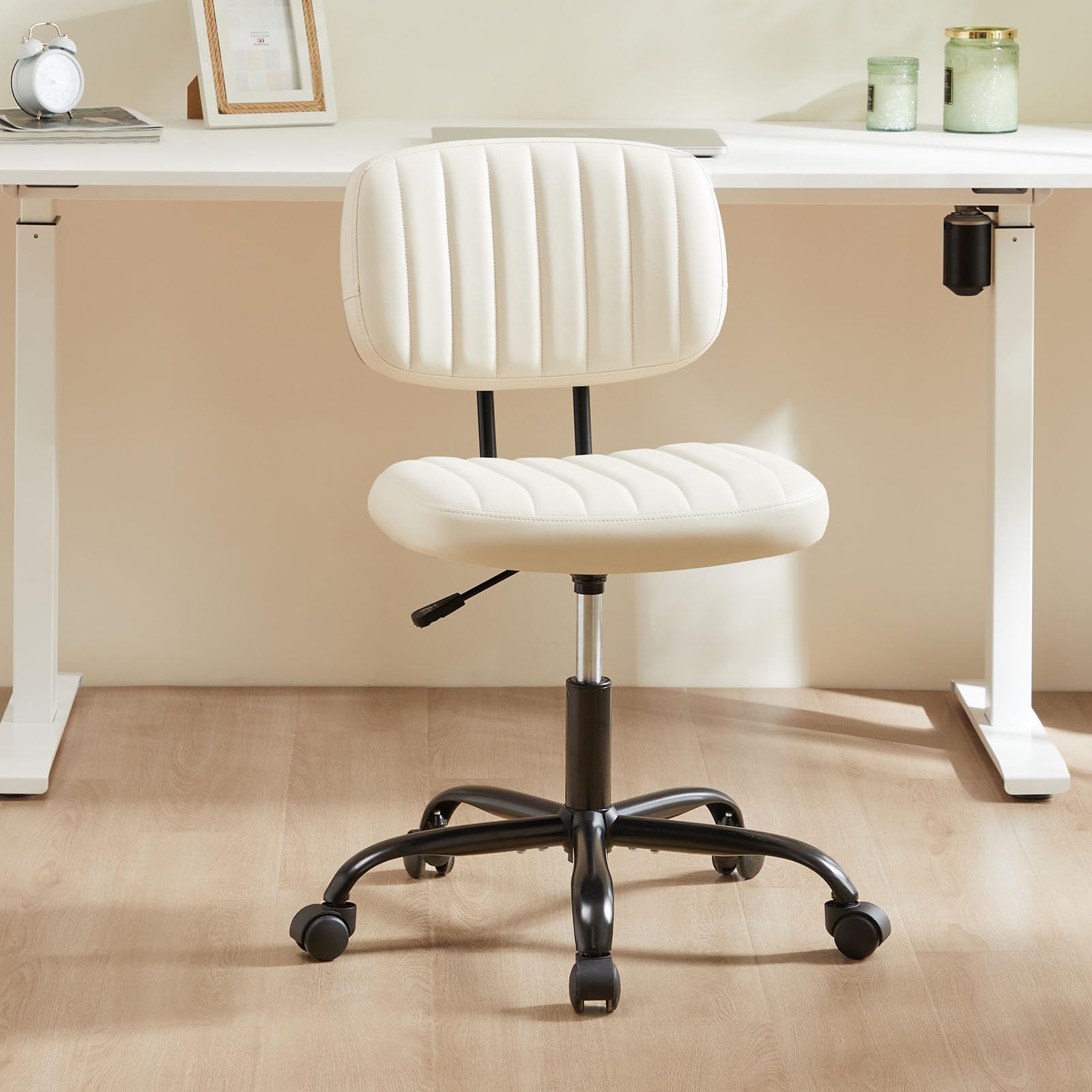 Warmiehomy Armless Office Chair with Wheels Small Swivel Rolling Desk Chair PU Leather Hieght Adjustable Computer Task Chair Modern Vanity Chair with Low Back Lumbar Support,White